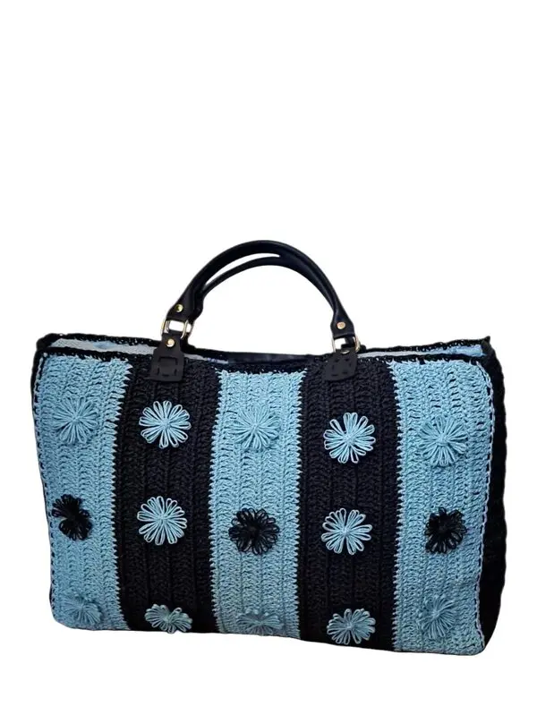 SPRINGMOONATELIER Black / Blue Handcrafted Blue & Black Raffia Bloom Tote - Black/blue