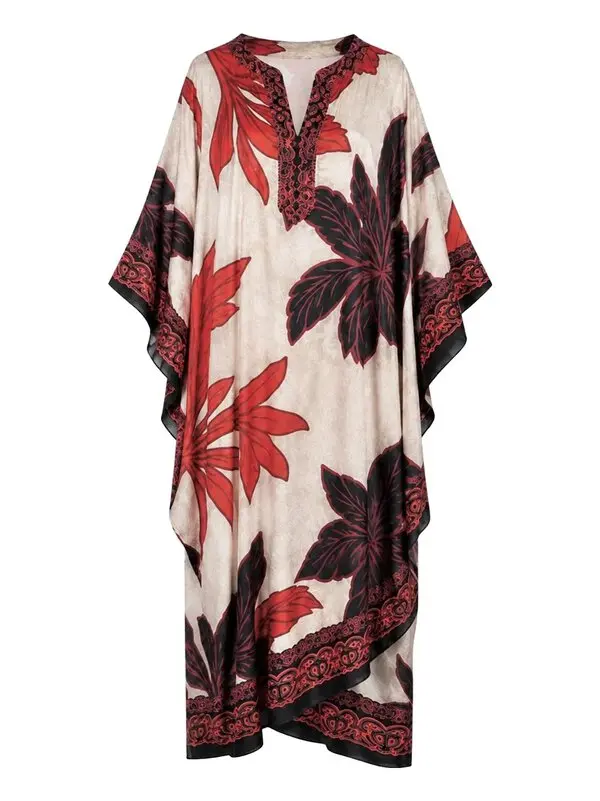 Loveist Store Sahara Botanical Print Jacquard Satin Kaftan - Black/red/white