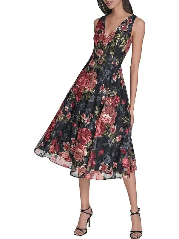 Eliza J Floral Print V Neck Dress - Black Multi