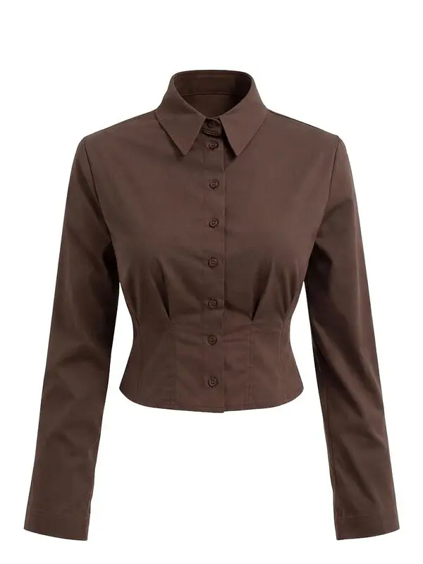 EXQUISE Felecia Long Sleeve Crop Shirt - Brown
