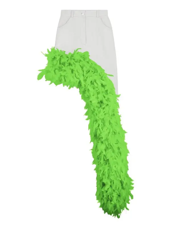 ÚCHÈ Asymmetrical Feather Trim Denim Skirt - White/green