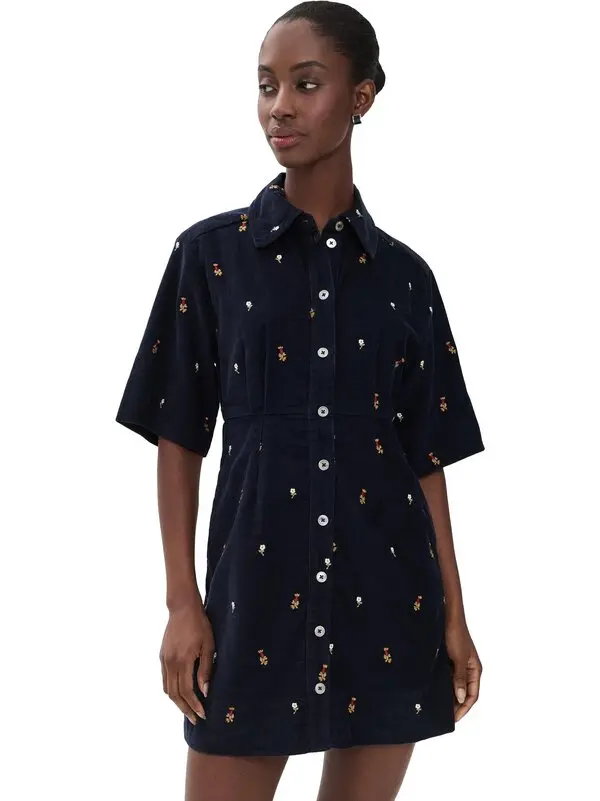 Sea Tilly Embroidered Cord Button Down Dress - Navy
