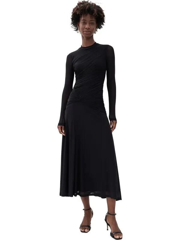 WAYF Selene Ruched Long Sleeve Dress - Black