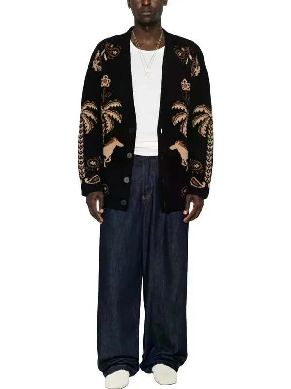 Alanui Palm-intarsia Knitted Cardigan - Black