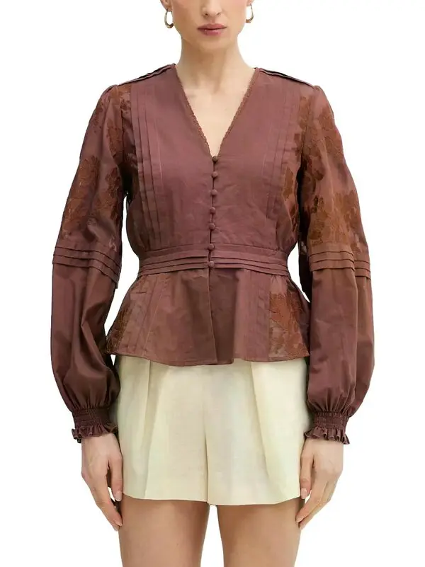 SILVIAN HEACH Embroidered Pintuck-detail Blouse - Brown