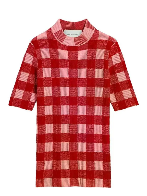 AMI Paris Pink Checkered Wool And Cotton Short-sleeve Sweater - Red