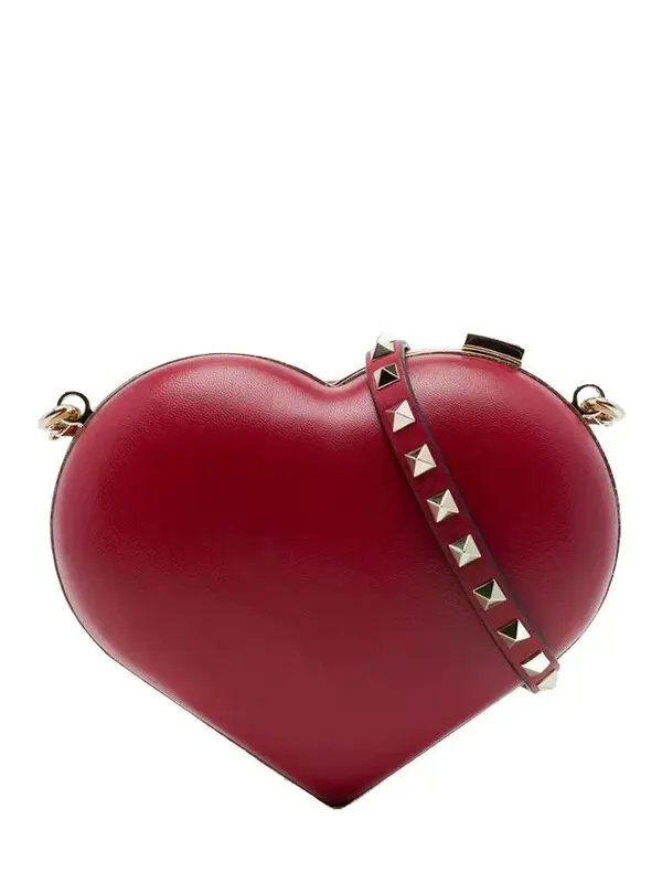 Valentino Garavani 2018-2026 Leather Rockstud Carry Secrets Heart Minaudiere Crossbody Bag - Red