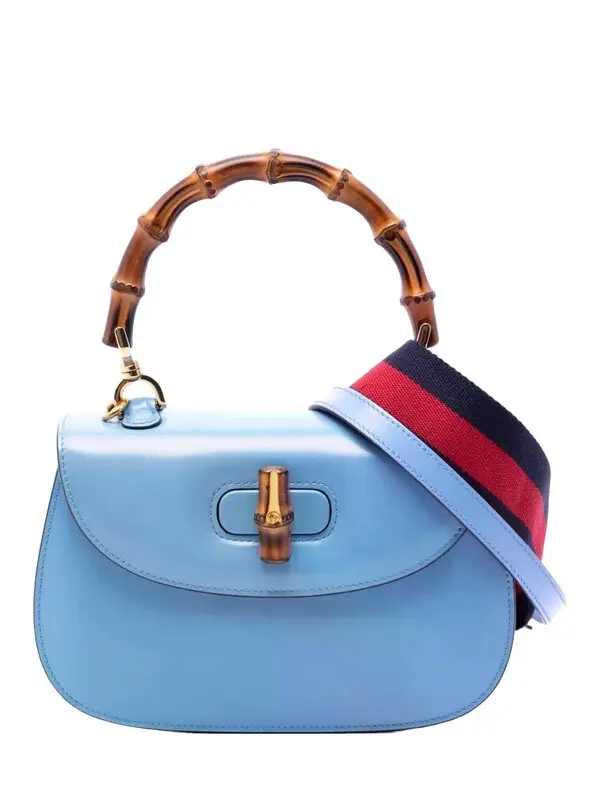 Gucci Small Calfskin Web Bamboo 1947 Top Handle Bag Satchel - Blue