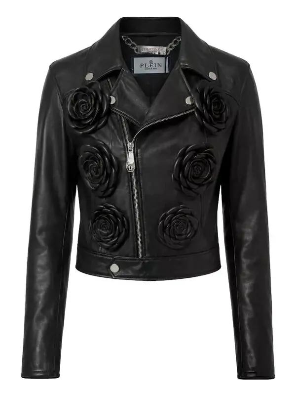 Philipp Plein Cropped Biker Jacket Flower - Black