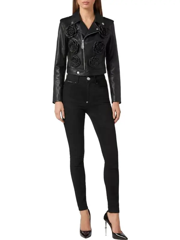Philipp Plein Cropped Biker Jacket - Black