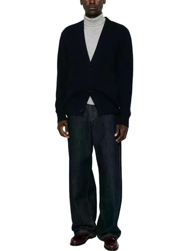 LARDINI Ribbed-knit V-neck Cardigan - Blue