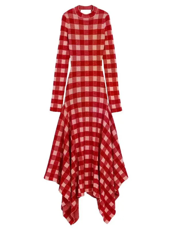 AMI Paris Maxi Pink Checkered Wool And Cotton Godet Dress - Red