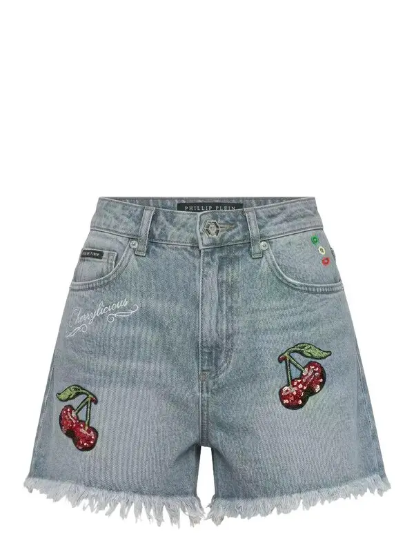 Philipp Plein Cherry Motifs Raw-cut Hem Belt-loops Shorts - Blue