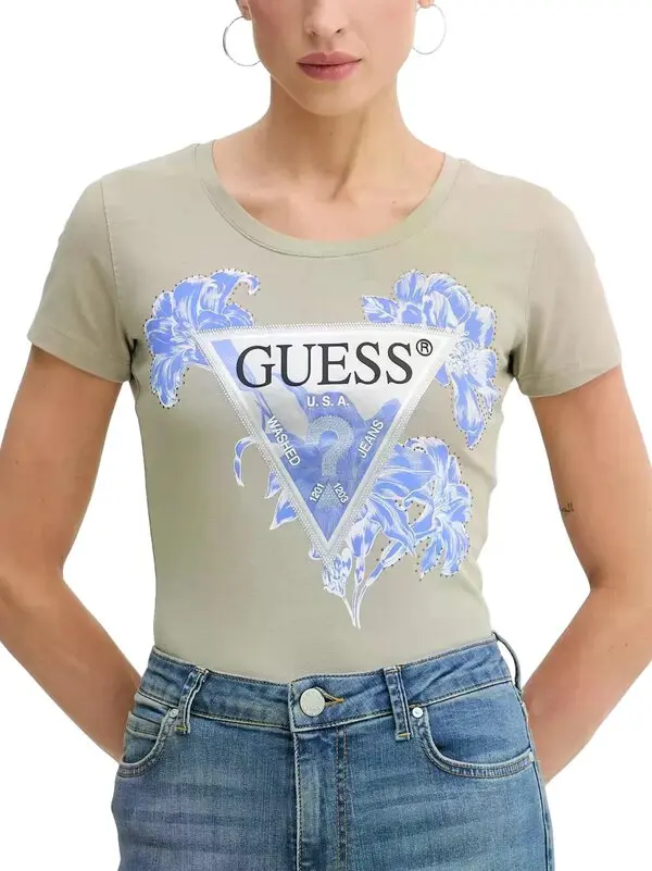 Guess Logo-print Floral-detail T-shirt - Neutrals