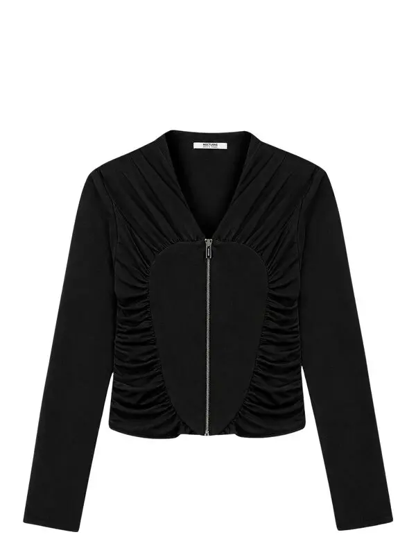NOCTURNE Ruffle Trim Zip Front Blouse - Black
