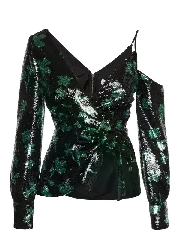 SELF-PORTRAIT Sequined Asymmetrical Top - Black