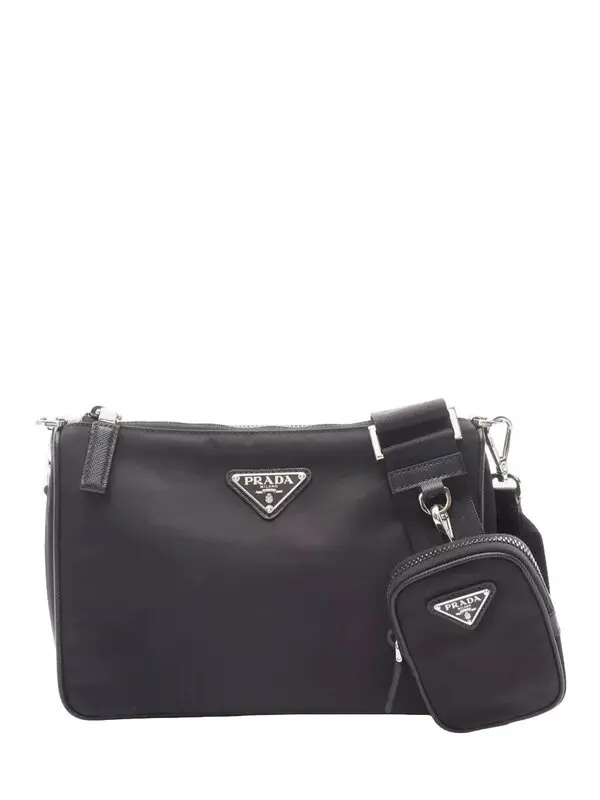 Prada Saffiano Trimmed Re Nylon Zip Top Cross Body Bag - Black
