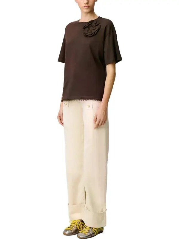 Claudie Pierlot Flower-appliqué Lace-trim T-shirt - Brown