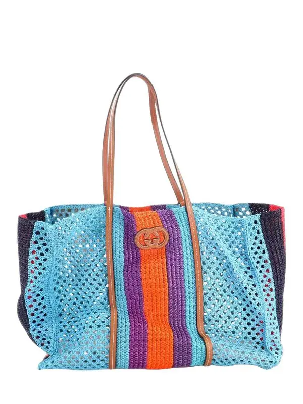 Gucci Interlocking G Web Raffia With Leather Medium Tote Bag - Blue