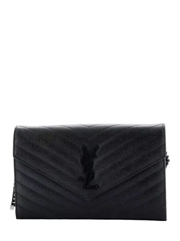 Saint Laurent Classic Monogram Wallet On Chain Matelasse Chevron Leather Medium Crossbody Bag - Black