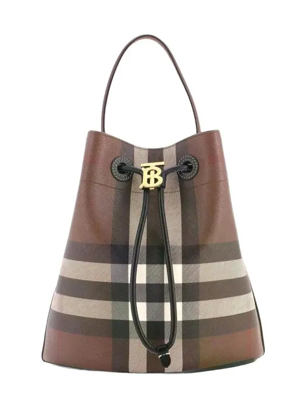 Burberry Tb Drawstring Check E-canvas Small Bucket Bag - Brown
