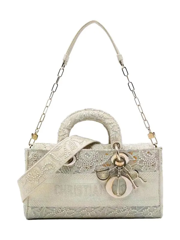 Dior 2023 Medium Embroidered Lace 3d Macrame Lady D Joy Satchel - Neutrals