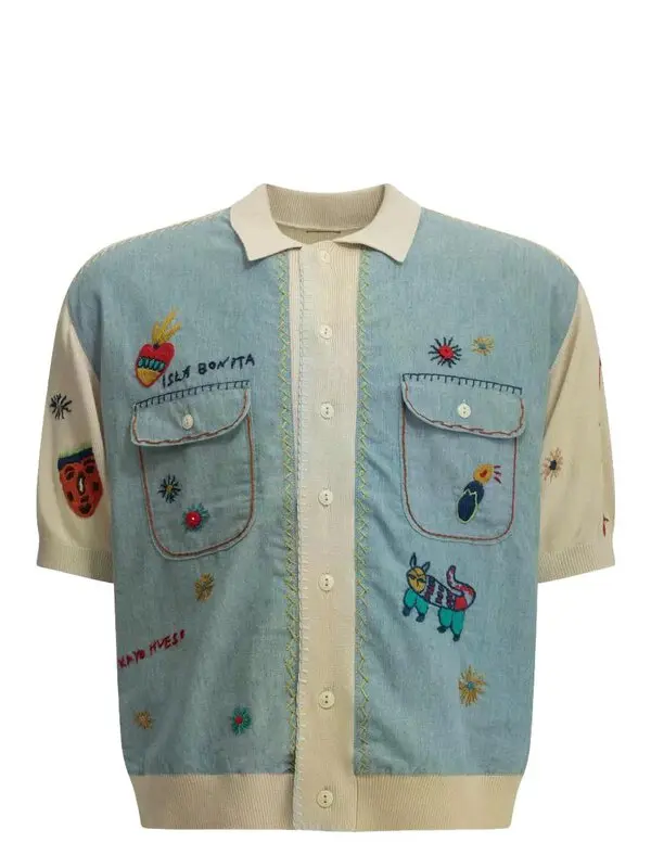 Kapital Embroidered Denim-panel Polo Shirt - Neutrals