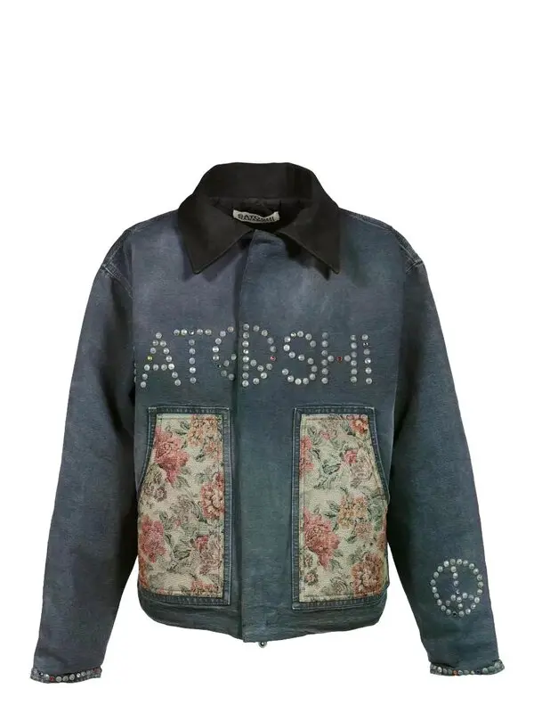 SATOSHI NAKAMOTO Floral Tapestry Paneled Studded Work Jacket - Blue