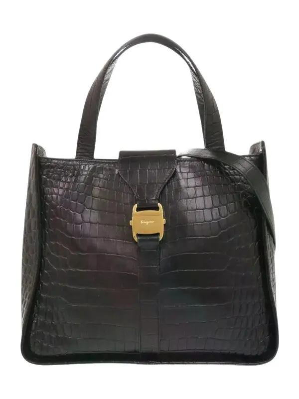 FERRAGAMO Croc Embossed Leather Satchel - Black