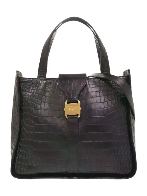 FERRAGAMO Croc Embossed Leather Satchel - Black