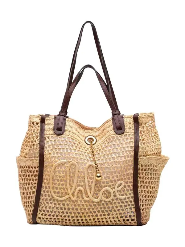Chloé 2026 Small Raffia Embroidered Logo Iconic Tote Satchel - Neutrals