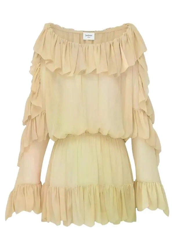 Saint Laurent Ruffled Dress In Silk Crepon Muslin - Neutrals