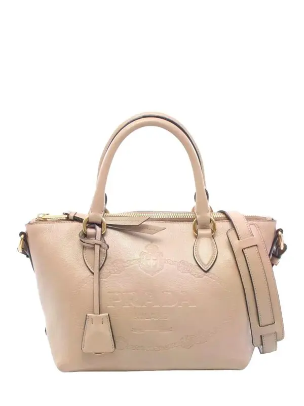 Prada Embossed Glace Calf Logo Convertible Satchel - Neutrals