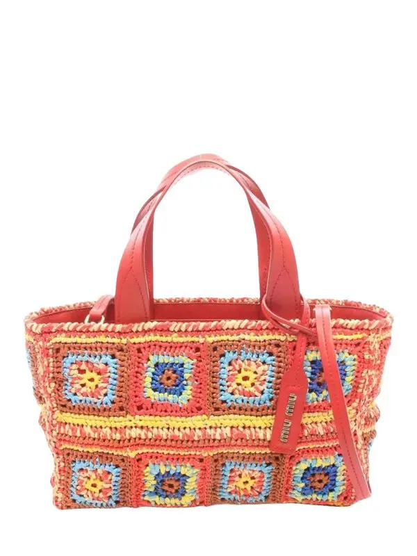 Miu Miu 2010-2026 Raffia Crochet Patchwork Satchel - Red