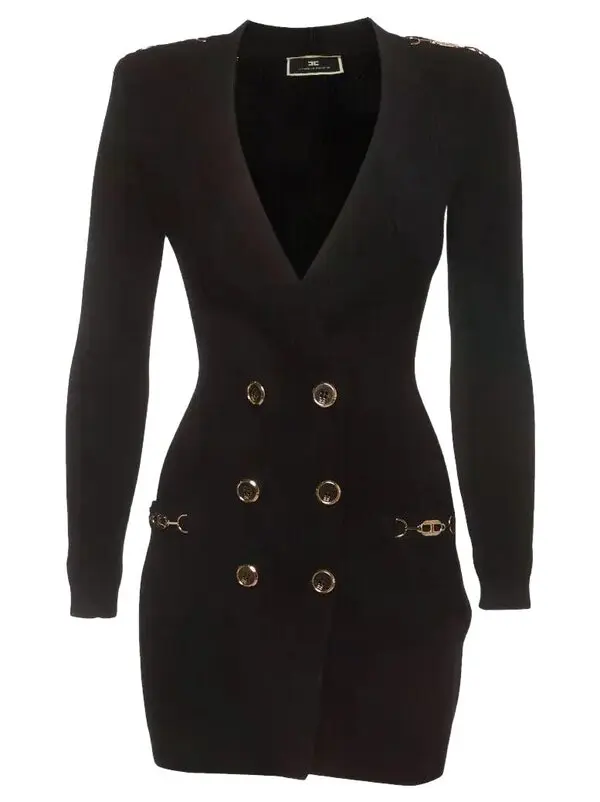 Elisabetta Franchi Double-breasted Rib-knit Mini Dress - Black