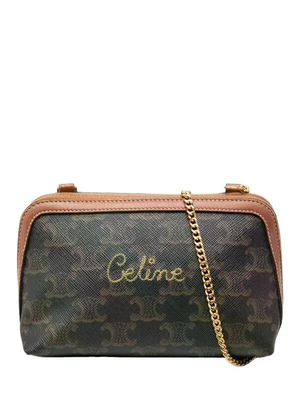 Celine 2020 Triomphe Coated Canvas Embroidered Logo Clutch On Chain Crossbody Bag - Brown