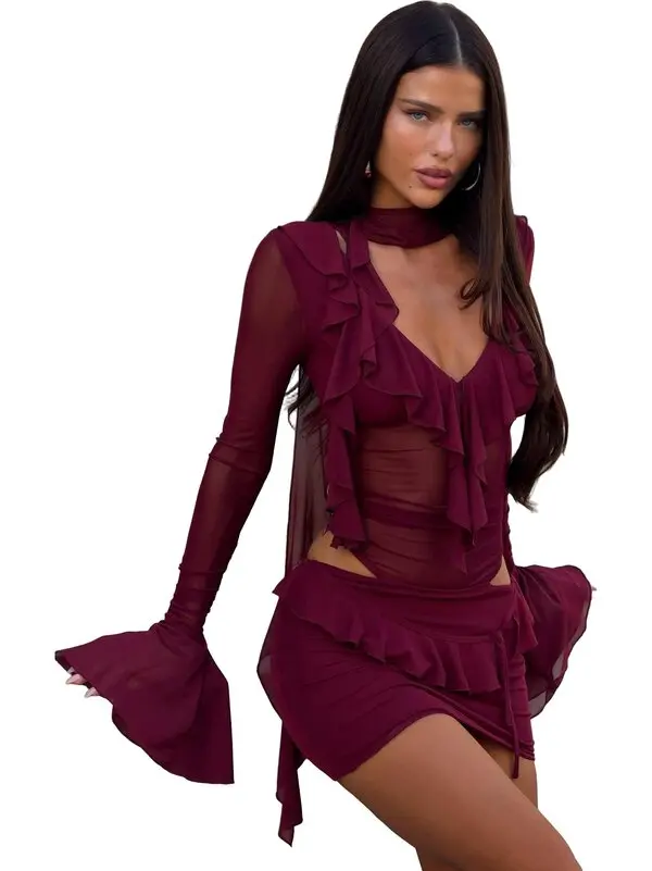 OUTCAST Avaline Mini Dress Burgundy - Red