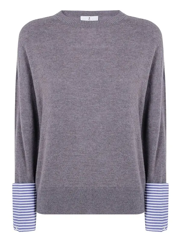 WHYCI Striped Cuff Round Neck Sweater - Brown