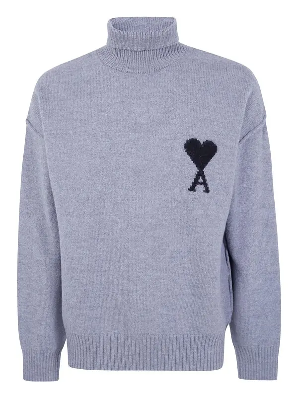 AMI Paris Sweater Funnel Neck "quota De Coeur - Gray