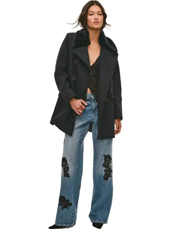LoveShackFancy Verdine Faux Fur Collar Peacoat - Navy