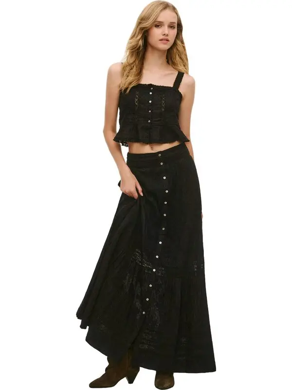 LoveShackFancy Araminta Cotton Maxi Skirt - Black
