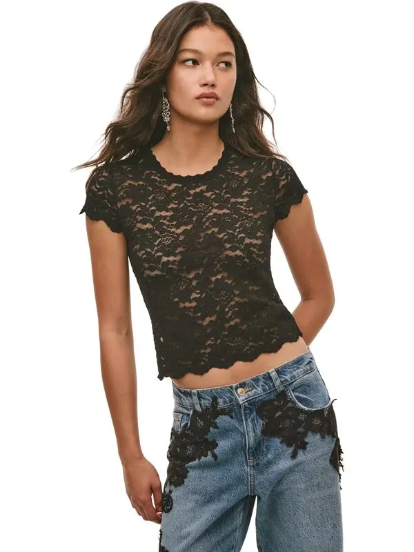 LoveShackFancy Lucas Stretch Lace Tee - Black