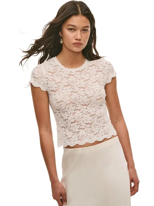 LoveShackFancy Lucas Stretch Lace Tee - Ivory