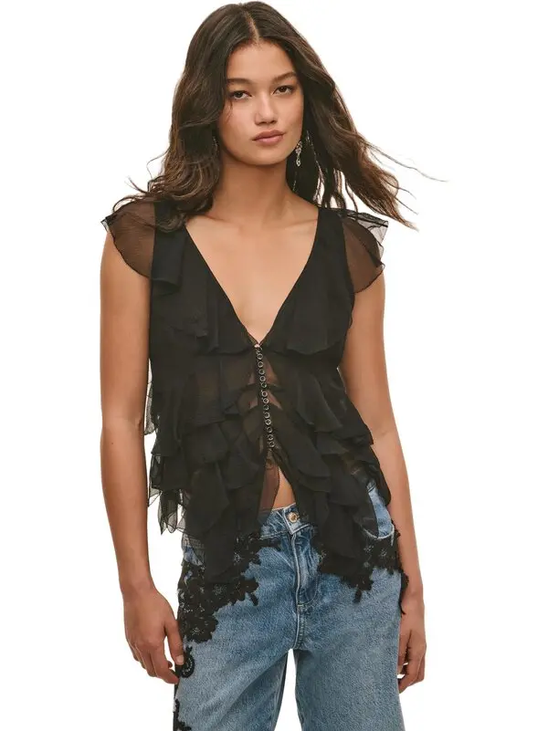 LoveShackFancy Elvareen Silk Ruffle Top - Black