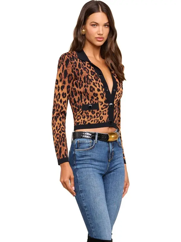 L'Agence Osiris Jacquard Cardigan - Tan Multi Javan Leopard