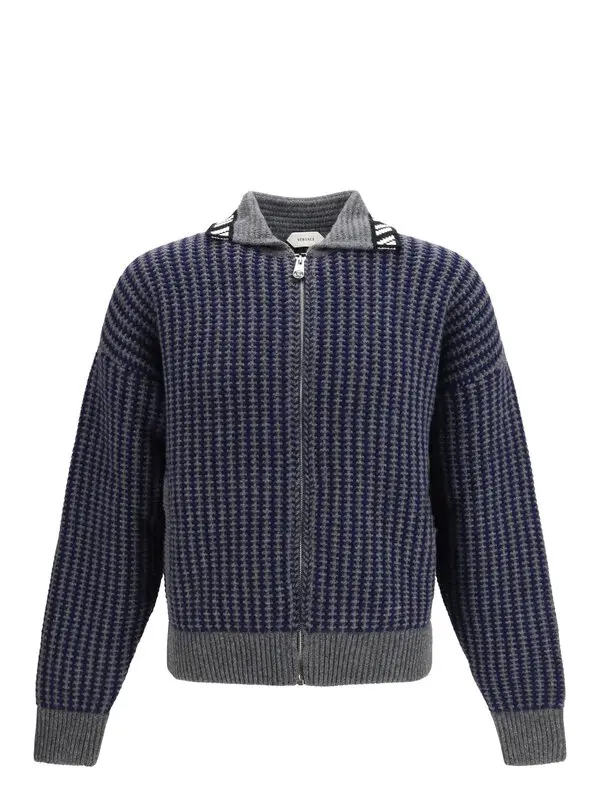Versace Intarsia Wool Knit Zip Cardigan - Gray