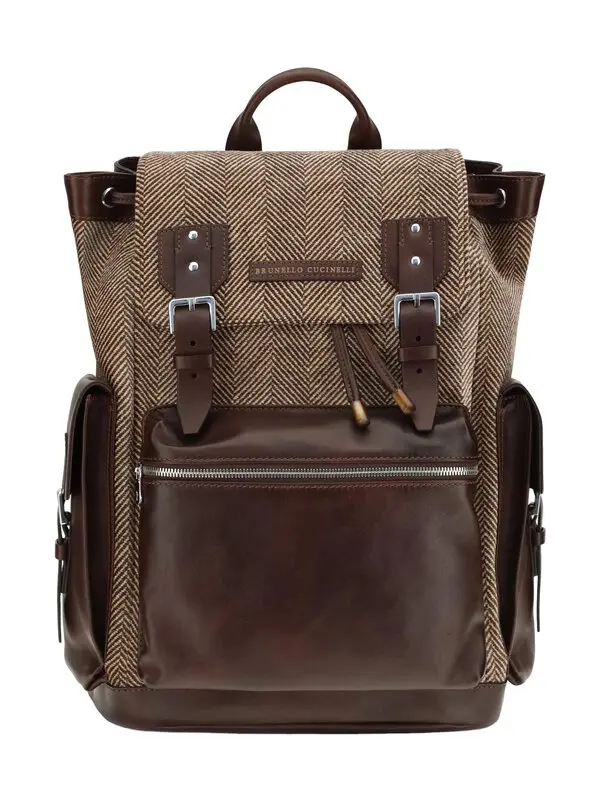 Brunello Cucinelli Herringbone Pattern Backpack With Leather Details - Brown