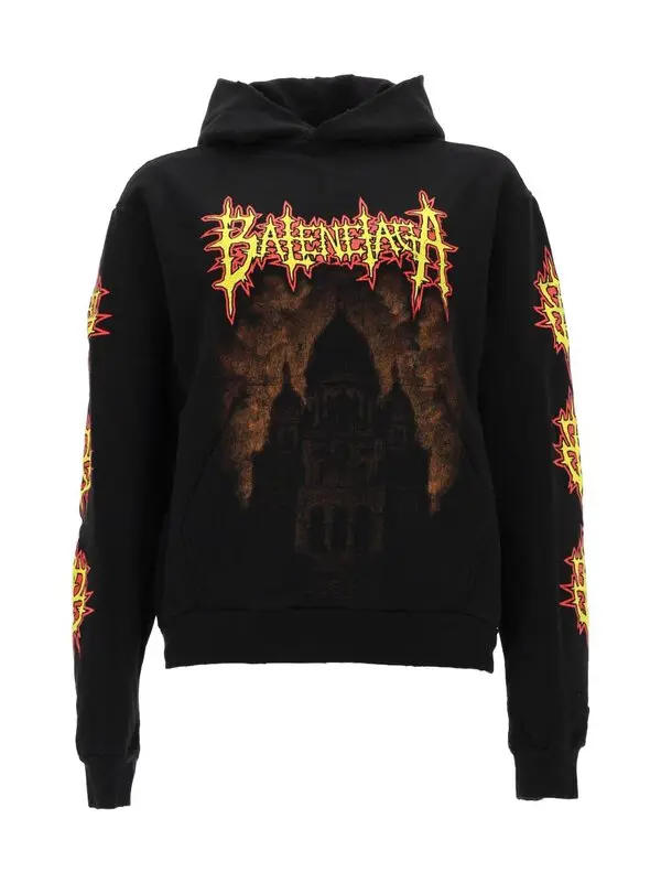 Balenciaga Logo Print Cotton Hoodie - Black