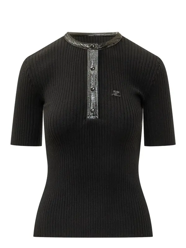 COURREGES Ribbed Short Sleeve Top - Black