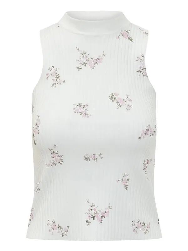 MSGM Mock Neck Floral Print Top - White